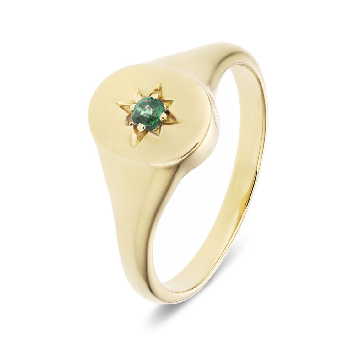 Mens Single Emerald Signet Ring 0.06ct in 9k Yellow Gold – All Diamond